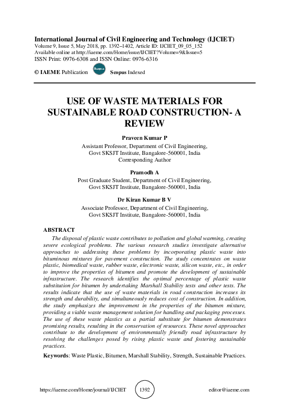 (PDF) USE OF WASTE MATERIALS FOR SUSTAINABLE ROAD CONSTRUCTION- A REVIEW