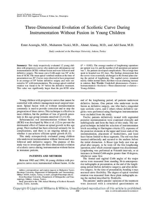 Pdf Three Dimensional Evolution Of Scoliotic Curve During Instrumentation Without Fusion In