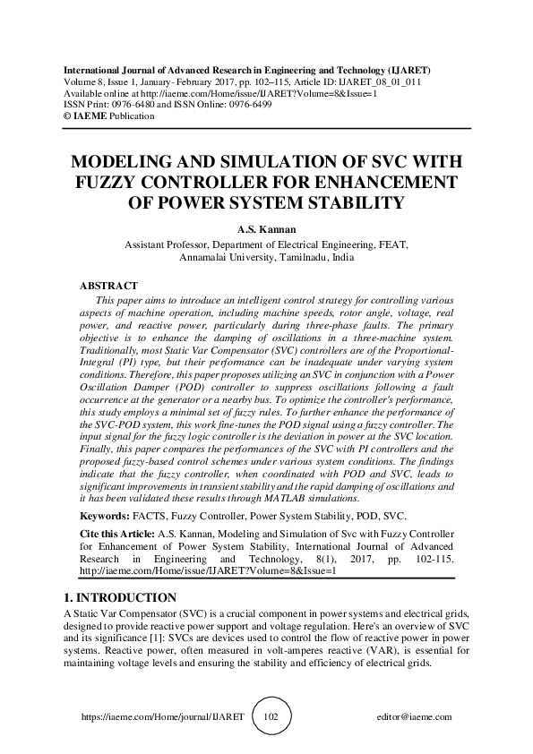 (PDF) MODELING AND SIMULATION OF SVC WITH FUZZY CONTROLLER FOR ENHANCEMENT OF POWER SYSTEM STABILITY
