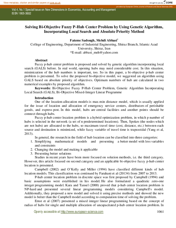 (PDF) Solving Bi-Objective Fuzzy P-Hub Center Problem by Using Genetic Algorithm, Incorporating ...