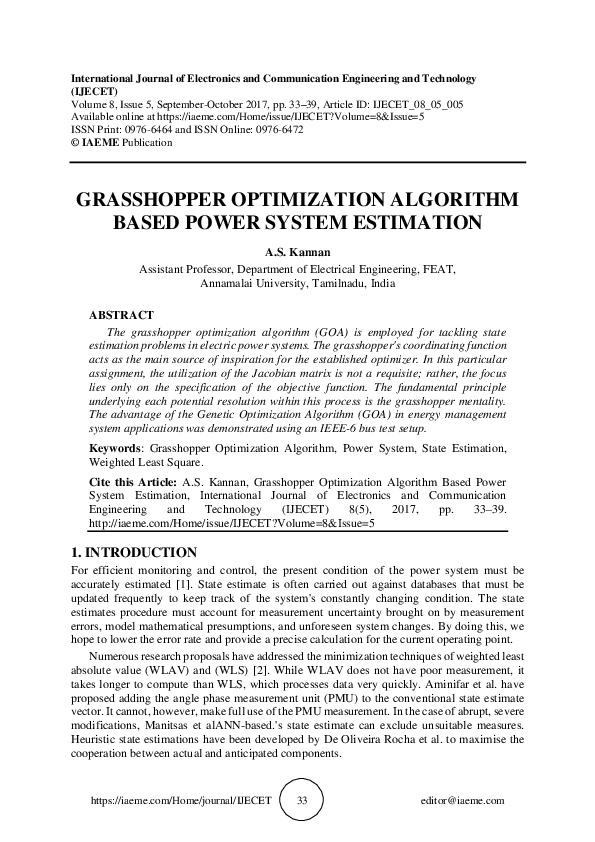 (PDF) GRASSHOPPER OPTIMIZATION ALGORITHM BASED POWER SYSTEM ESTIMATION