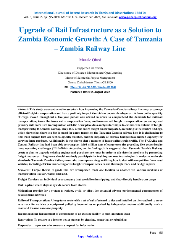 (PDF) Upgrade of Rail Infrastructure as a Solution to Zambia Economic ...