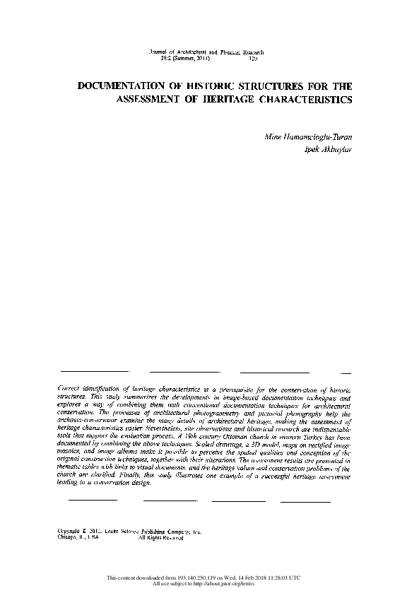 (PDF) Documentation of historic structures for the assessment of heritage characteristics