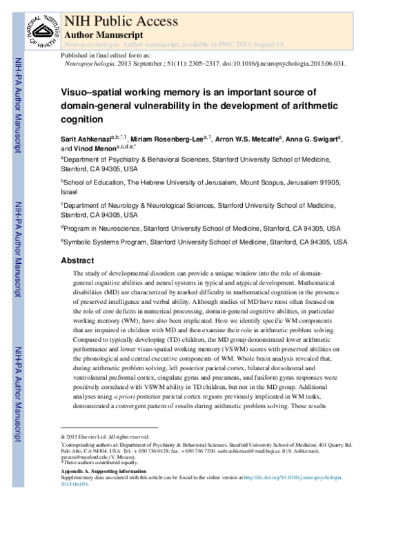 (PDF) Visuo–spatial working memory is an important source of domain-general vulnerability in the ...