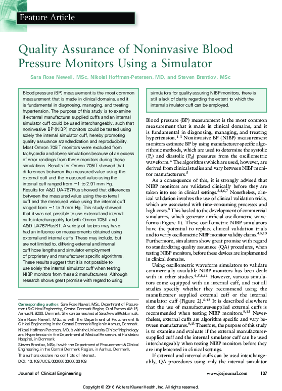 (PDF) Quality Assurance of Noninvasive Blood Pressure Monitors Using a Simulator