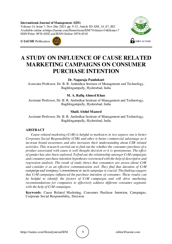 (PDF) A STUDY ON INFLUENCE OF CAUSE RELATED MARKETING CAMPAIGNS ON ...