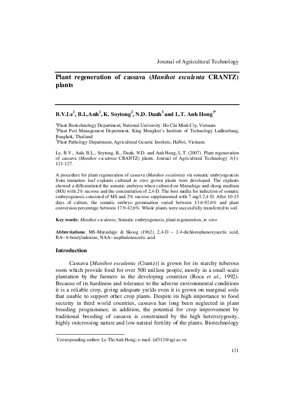 (PDF) Plant regeneration of cassava (Manihot esculenta CRANTZ) plants