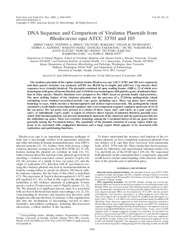 (PDF) DNA Sequence and Comparison of Virulence Plasmids from Rhodococcus equi ATCC 33701 and 103