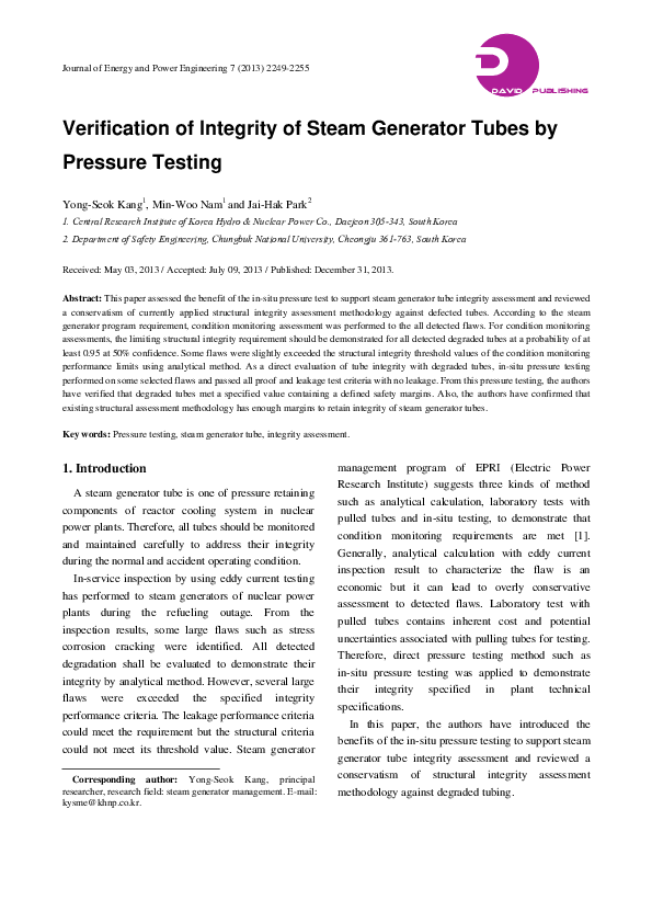 (PDF) Verification of Integrity of Steam Generator Tubes by Pressure ...