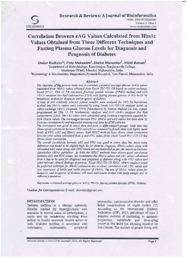(PDF) Correlation Between eAG Values Calculated from Hba1c Values ...