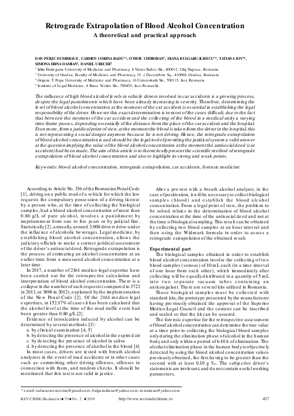 (PDF) Retrograde Extrapolation of Blood Alcohol Concentration A ...