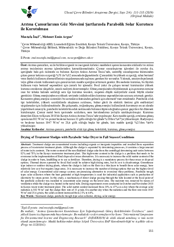 (PDF) Arıtma Çamurlarının Güz Mevsimi Şartlarında Parabolik Solar ...