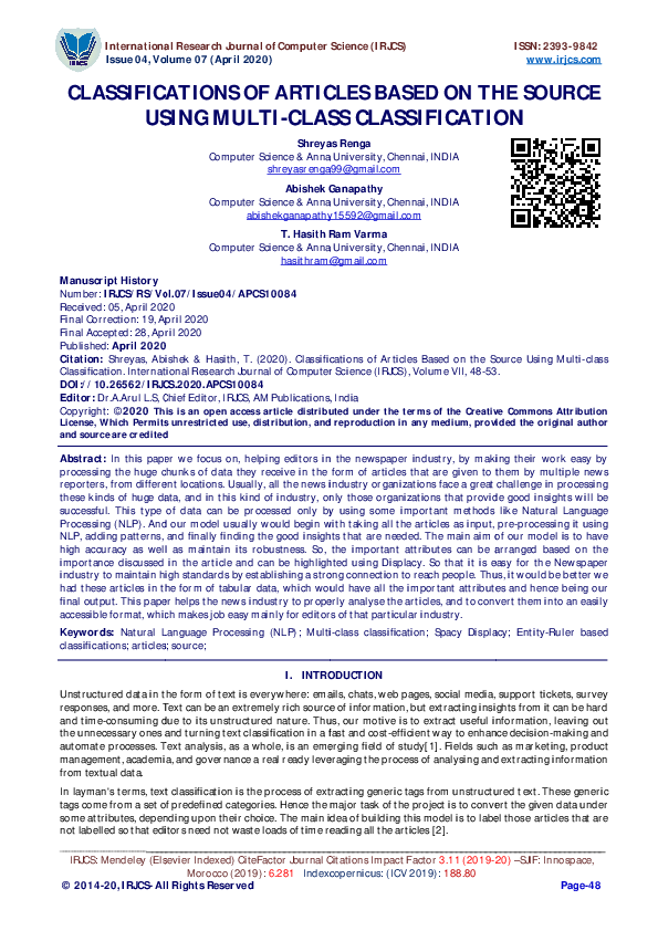 Pdf Classifications Of Articles Based On The Source Using Multi Class
