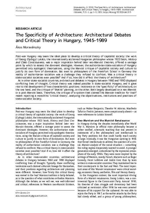 (PDF) The Specificity of Architecture: Architectural Debates and ...