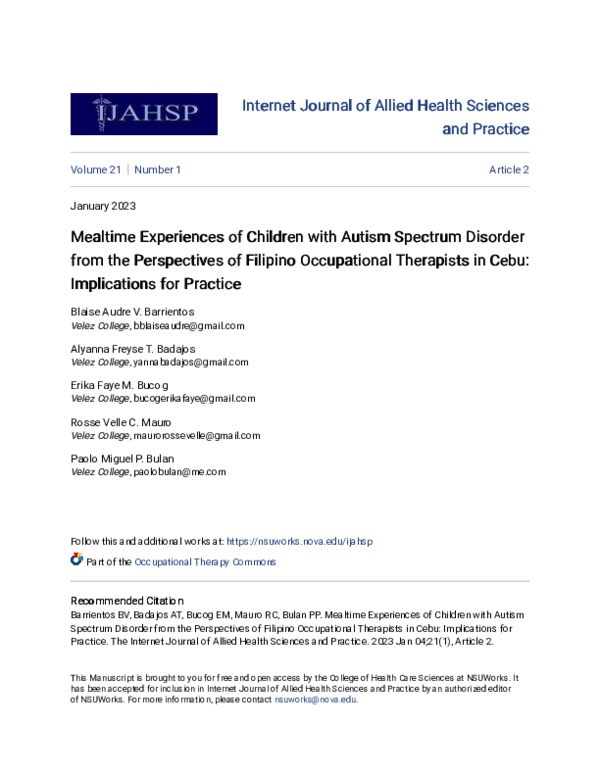 (PDF) Mealtime Experiences of Children with Autism Spectrum Disorder ...