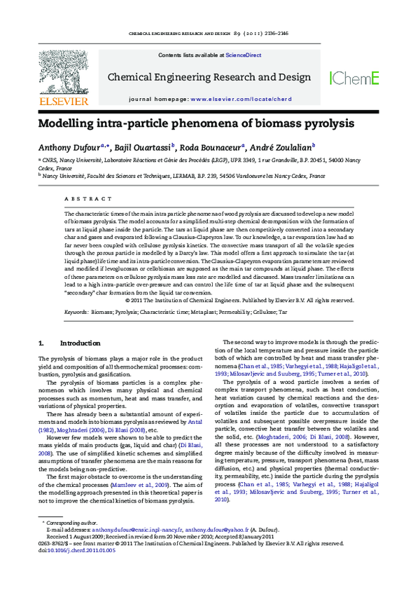 (PDF) Modelling intra-particle phenomena of biomass pyrolysis