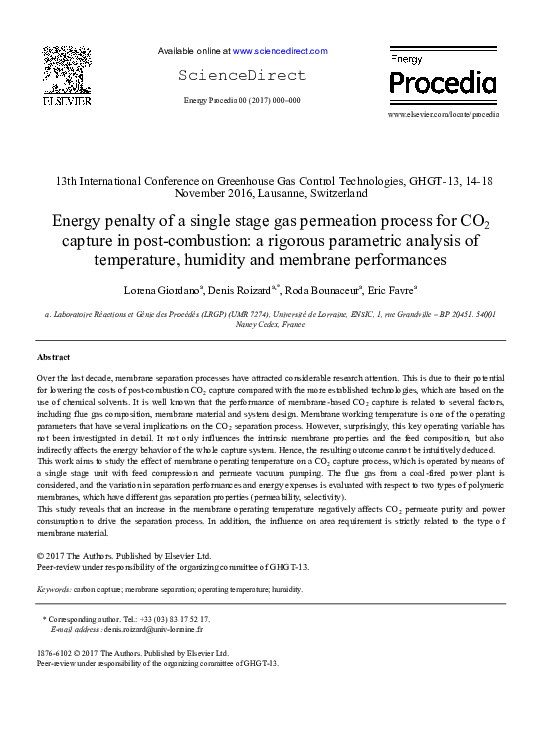 (PDF) Energy Penalty of a Single Stage Gas Permeation Process for CO2 ...