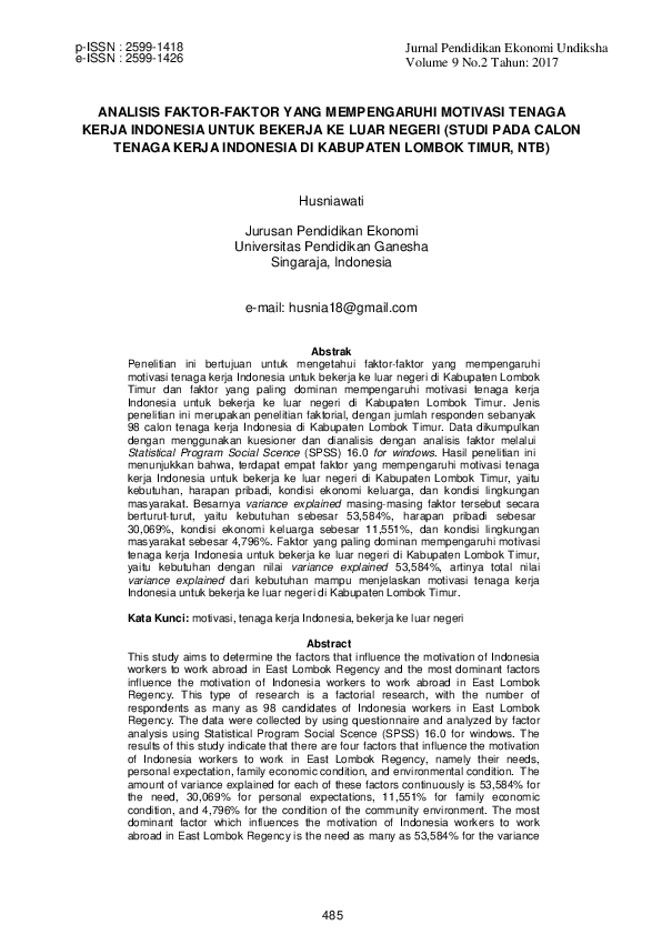 (PDF) Analisis Faktor-Faktor Yang Mempengaruhi Motivasi Tenaga Kerja Indonesia Untuk Bekerja Ke ...