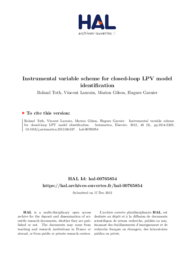 Pdf Instrumental Variable Scheme For Closed Loop Lpv Model Identification Marion Gilson 