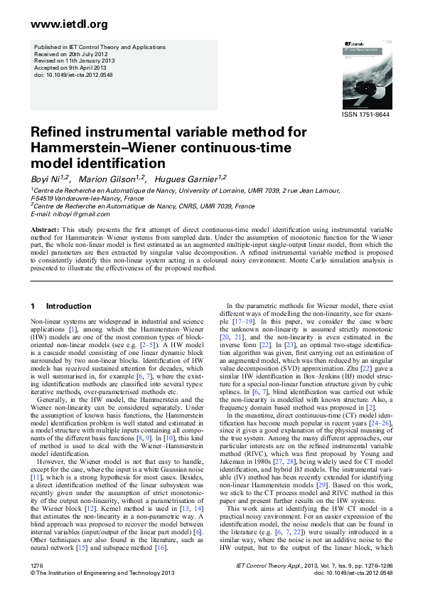 Pdf Refined Instrumental Variable Method For Hammerstein Wiener Continuous‐time Model
