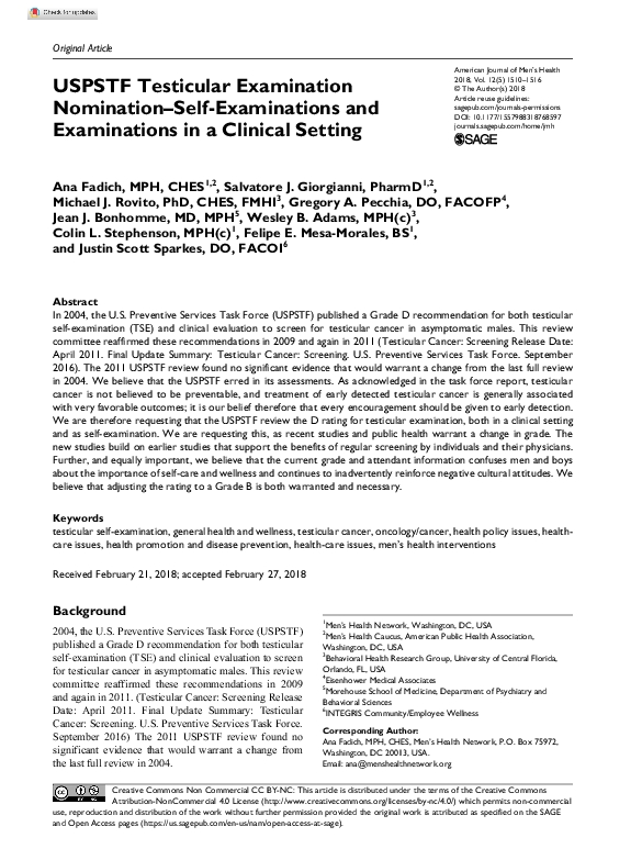 (PDF) USPSTF Testicular Examination Nomination–Self-Examinations and ...