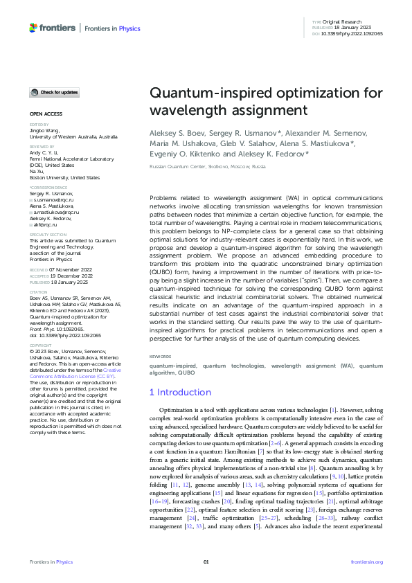 (PDF) Quantum-inspired optimization for wavelength assignment