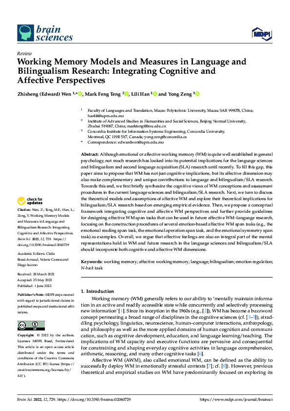 (PDF) Working Memory Models and Measures in Language and Bilingualism Research: Integrating ...