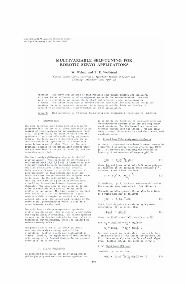 (PDF) Multivariable Self-Tuning for Robotic Servo Applications