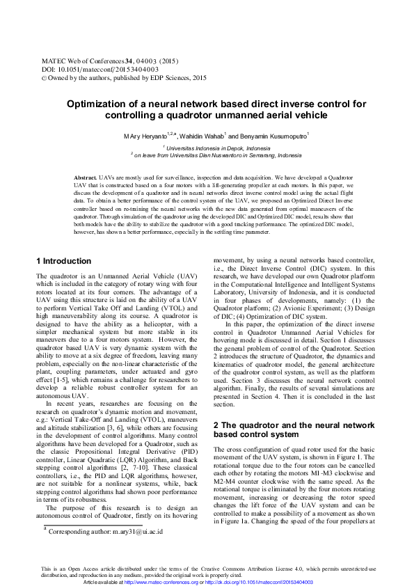 Pdf Optimization Of A Neural Network Based Direct Inverse Control For Controlling A Quadrotor