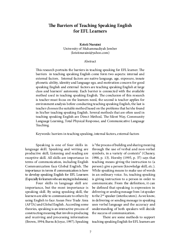 (PDF) The Barriers of Teaching Speaking English for EFL Learners