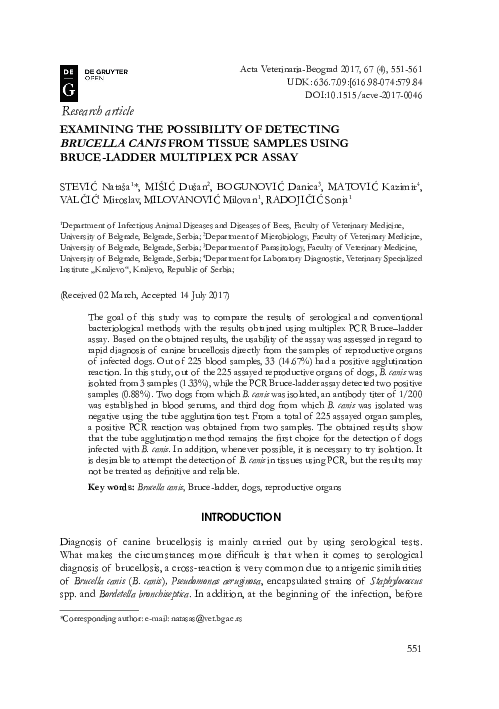 (PDF) Examining the Possibility of Detecting Brucella Canis from Tissue Samples Using Bruce ...