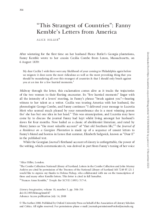 (PDF) This Strangest of Countries": Fanny Kemble's Letters from America ...