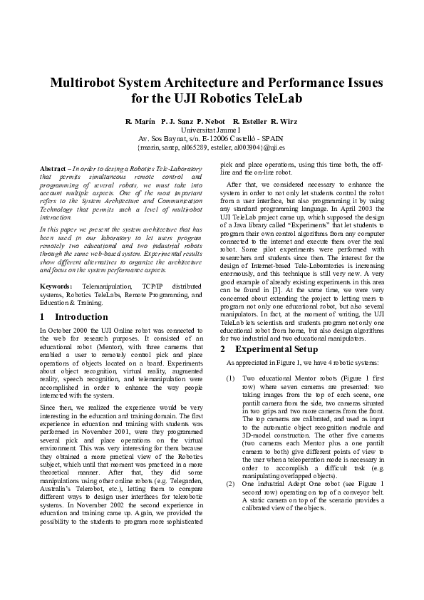 (PDF) Multirobot System Architecture and Performance Issues for the UJI Robotics | P. Nebot ...