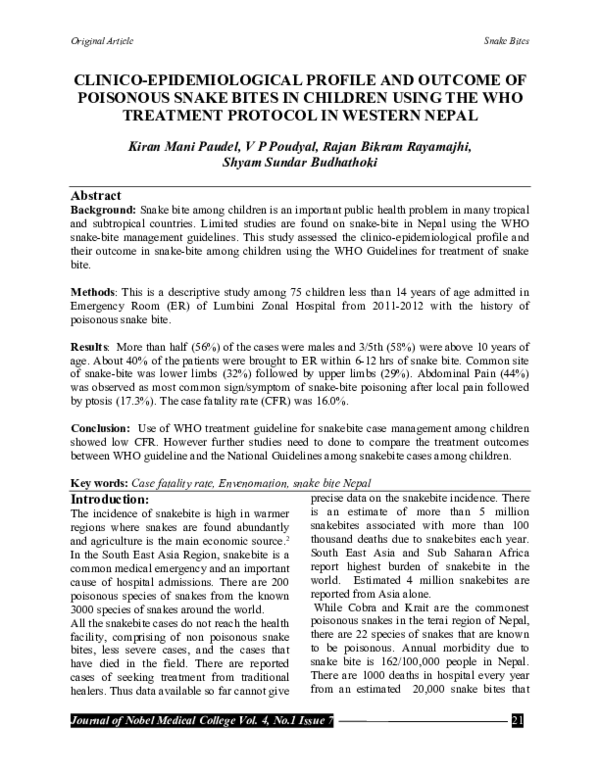 (PDF) Clinico-Epidemiological Profile and Outcome of Poisonous Snake ...