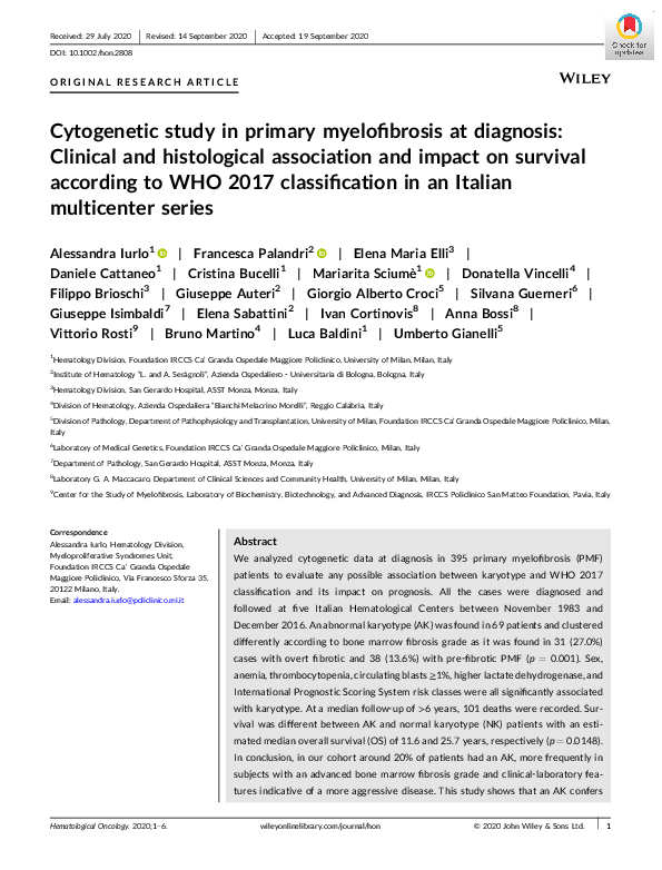 (PDF) Cytogenetic study in primary myelofibrosis at diagnosis: Clinical ...