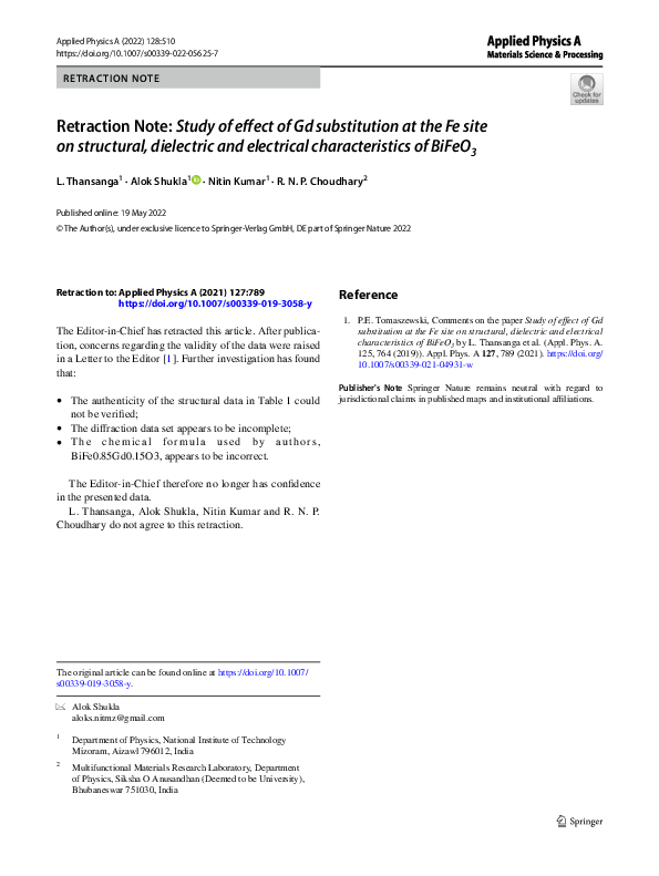 (PDF) Retraction Note: Study of effect of Gd substitution at the Fe site on structural ...