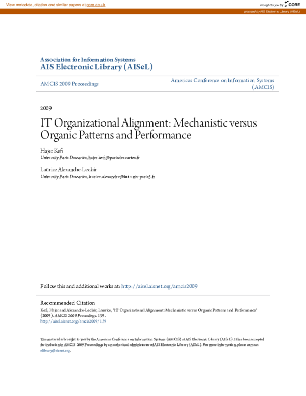 (PDF) IT Organizational Alignment: Mechanistic versus Organic Patterns and Performance