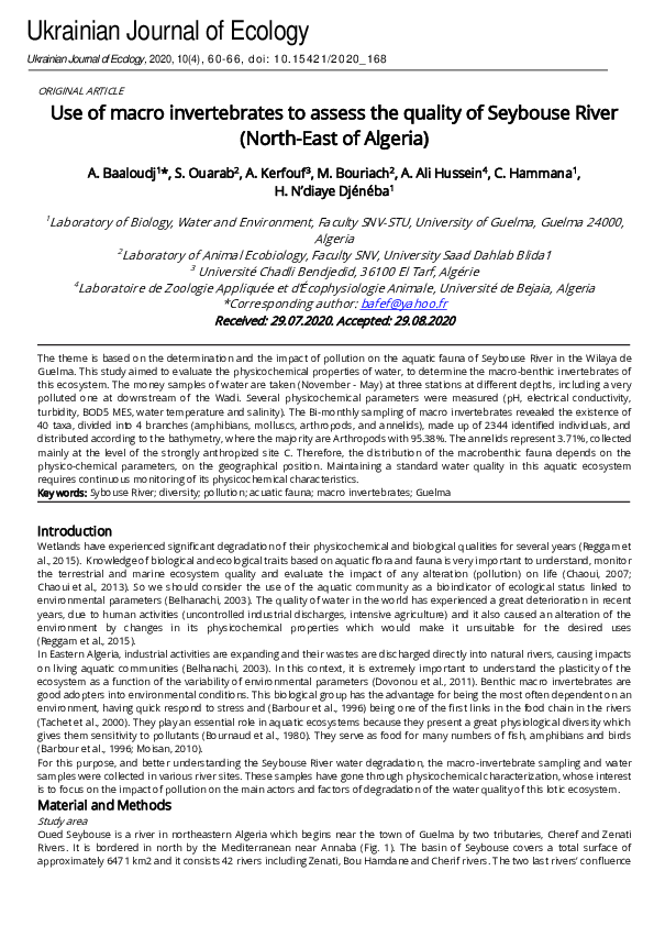 (PDF) Use of macro invertebrates to assess the quality of Seybouse ...