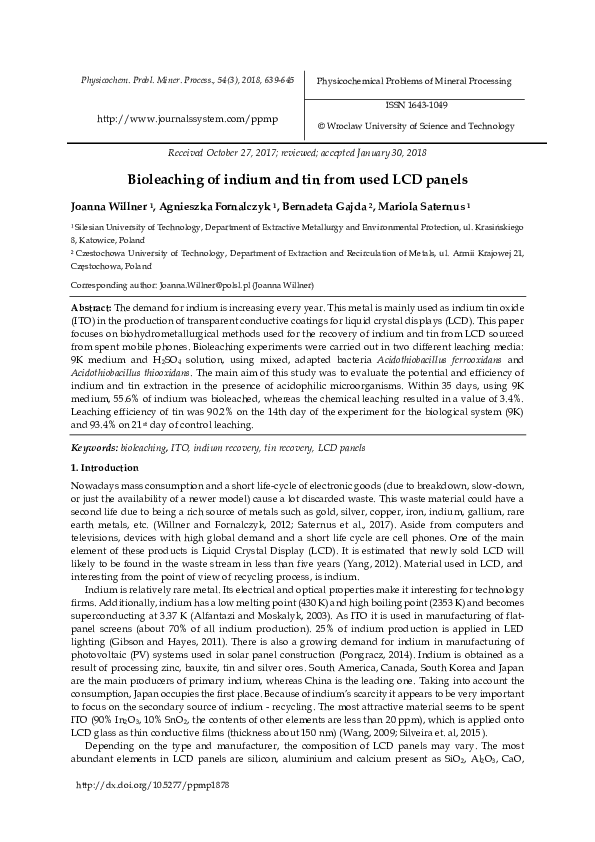 (PDF) Bioleaching of indium and tin from used LCD panels