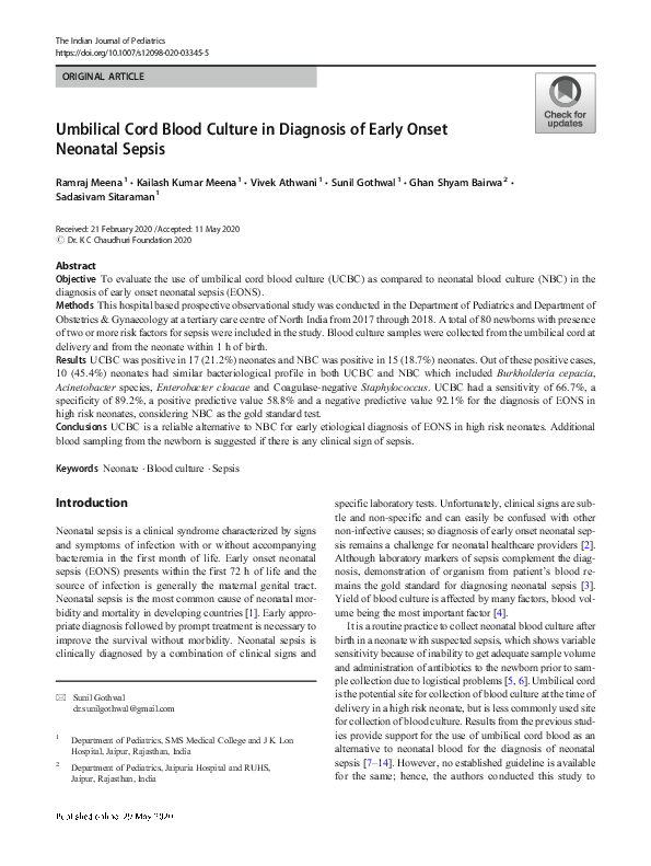 (PDF) Umbilical Cord Blood Culture in Diagnosis of Early Onset Neonatal ...