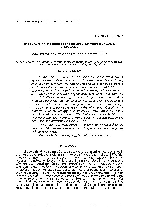 (PDF) Dot ELISA as a rapid method for serological diagnosis of canine brucellosis | Sonja ...