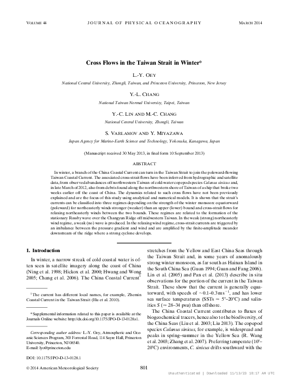 (PDF) Cross Flows in the Taiwan Strait in Winter*
