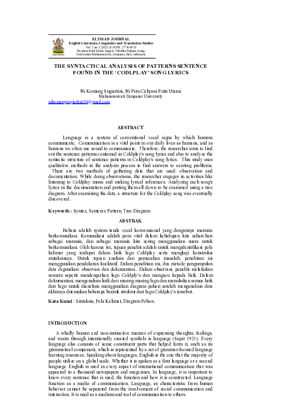 Pdf The Syntactical Analysis Of Patterns Sentence Found In The Codlplay Song Lyrics 