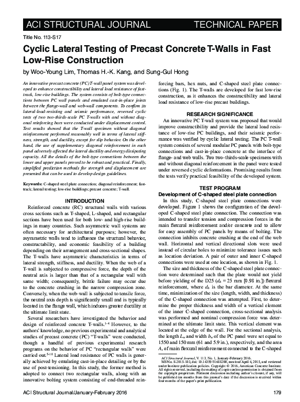 (PDF) Cyclic Lateral Testing of Precast Concrete T-Walls in Fast Low ...