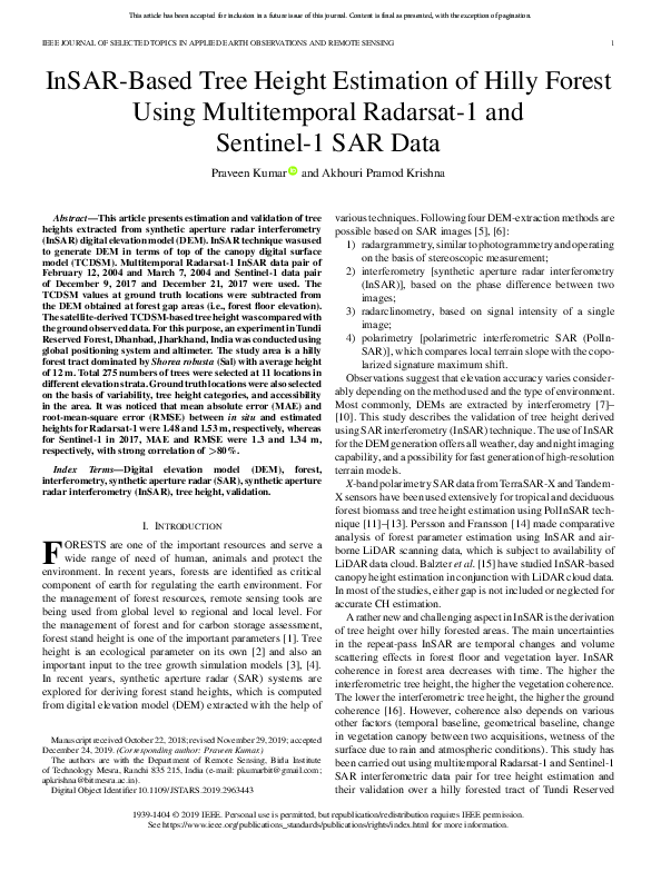 (PDF) InSAR-Based Tree Height Estimation of Hilly Forest Using ...