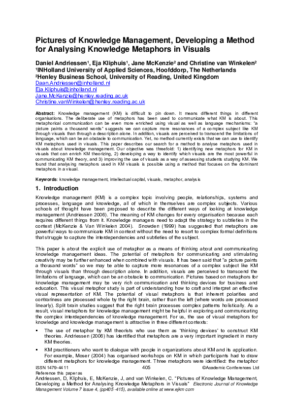 (PDF) Pictures of Knowledge Management, Developing a Method for Analysing Knowledge Metaphors in ...
