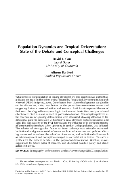 (PDF) Population Dynamics and Tropical Deforestation: State of the ...