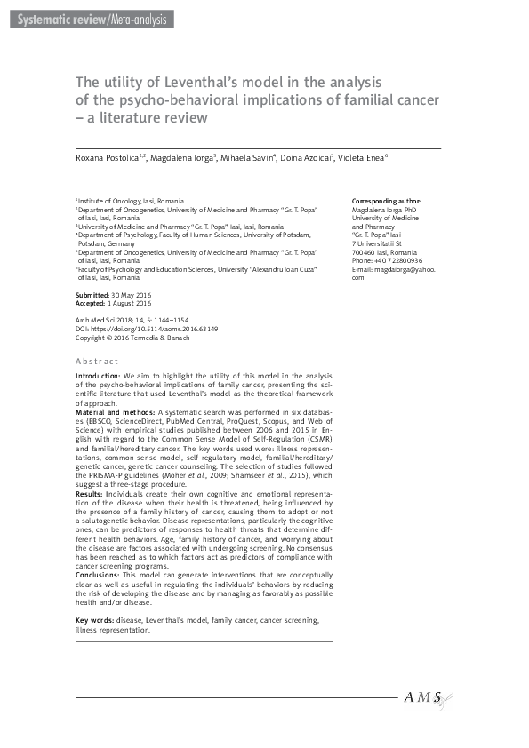 (PDF) The utility of Leventhal’s model in the analysis of the psycho ...