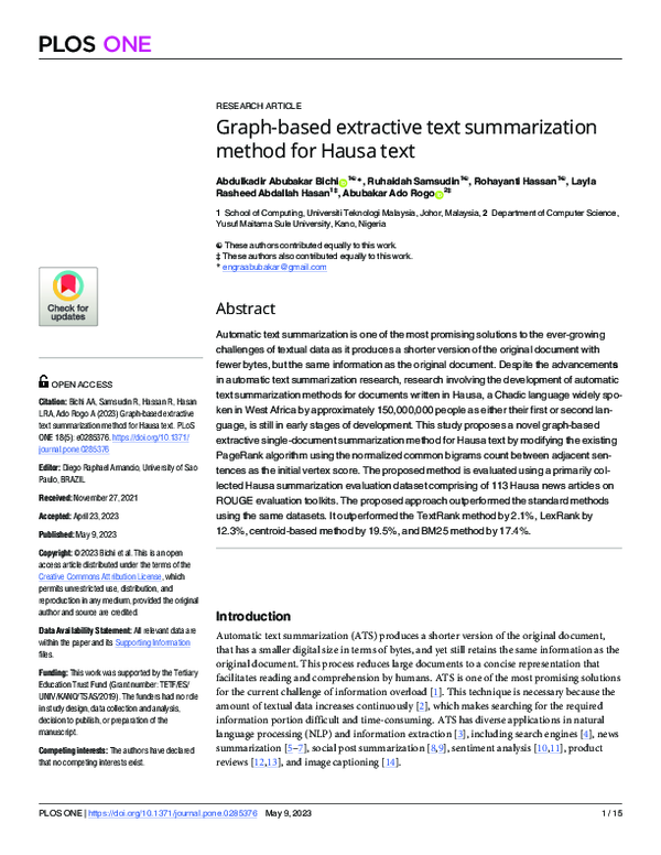 (PDF) Graph-based extractive text summarization method for Hausa text