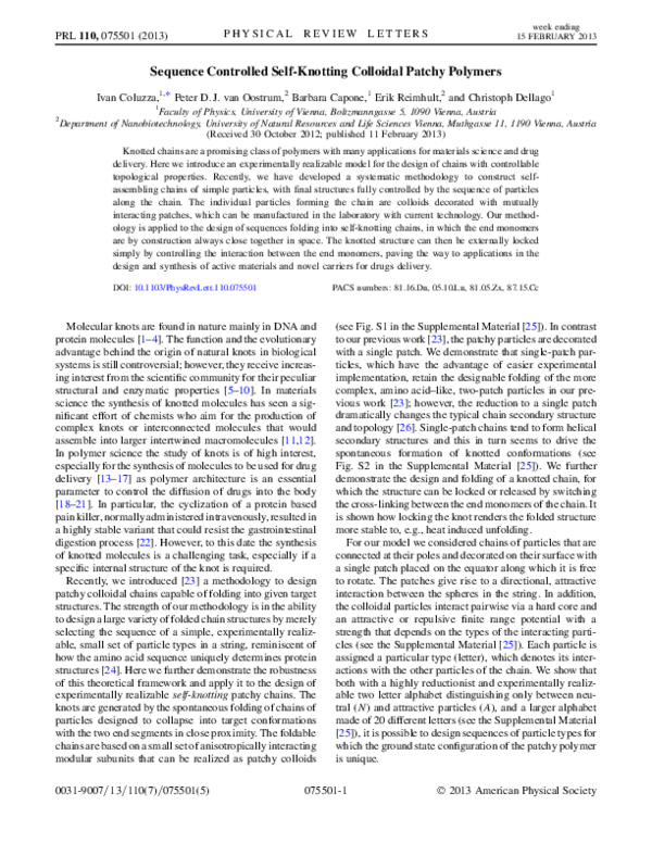 (PDF) Sequence Controlled Self-Knotting Colloidal Patchy Polymers